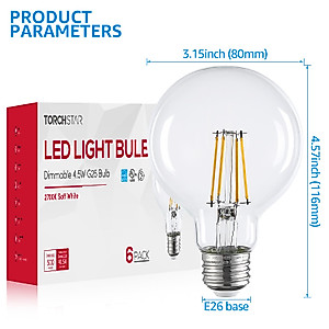TORCHSTAR G25 Globe Light Bulbs LED Dimmable, Round Clear Vanity Light Bulb for Bathroom, LED Edison Bulb, 4.5W(60W Eqv.), UL & Energy Star Listed, 500lm, E26 Base, 2700K Soft White, Pack of 6