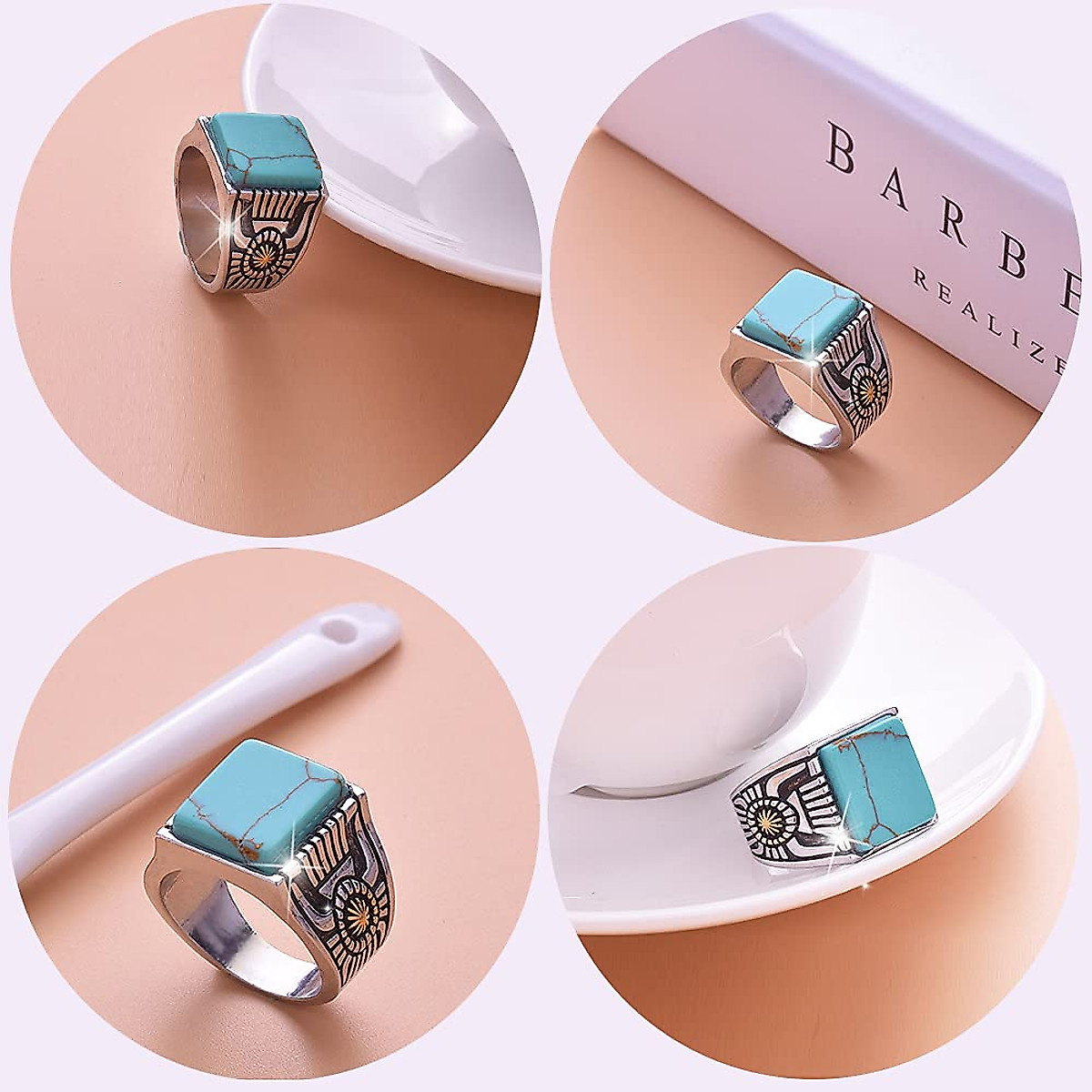 Retro Simulated Turquoise Statement Ring Uniquely Stylish Gothic Hip Hop Punk Promise Gemstone Cocktail Ring Party Jewelry Gifts for Men Women (9)