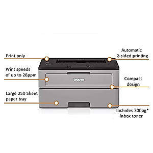 Brother L-2300D Series Compact Monochrome Laser Printer I Auto 2-Sided Printing I Up to 26 Pages/min I Up to 250-sheet/tray I Up to 2400 x 600 dpi I 27ppm + Printer Cable