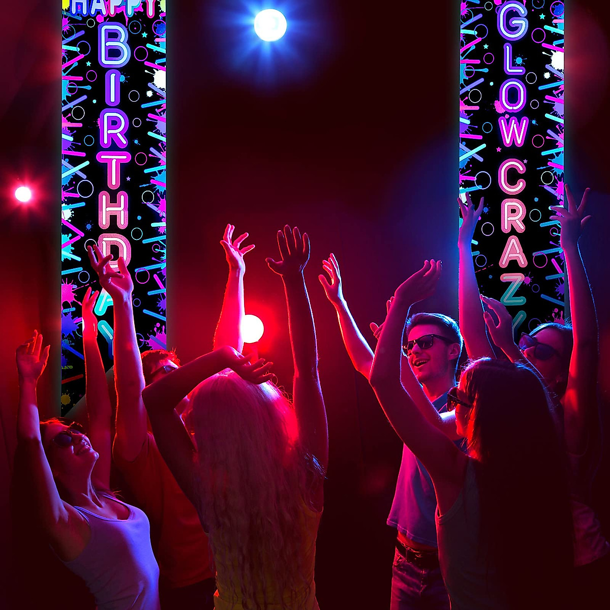 Tegeme Glow in the Dark Party Supplies Neon Happy Birthday Banner Crazy Porch Sign Glow Party Backdrop for Black Light Neon Themed Birthday Party Decorations
