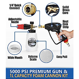 TOOLCY Foam Cannon Kit with Pressure Washer Gun 5000 PSI, 5 Pressure Washer Nozzle Tips, 1/4" Quick Connector, 1L Bottle, Quick Release, Industrial Grade