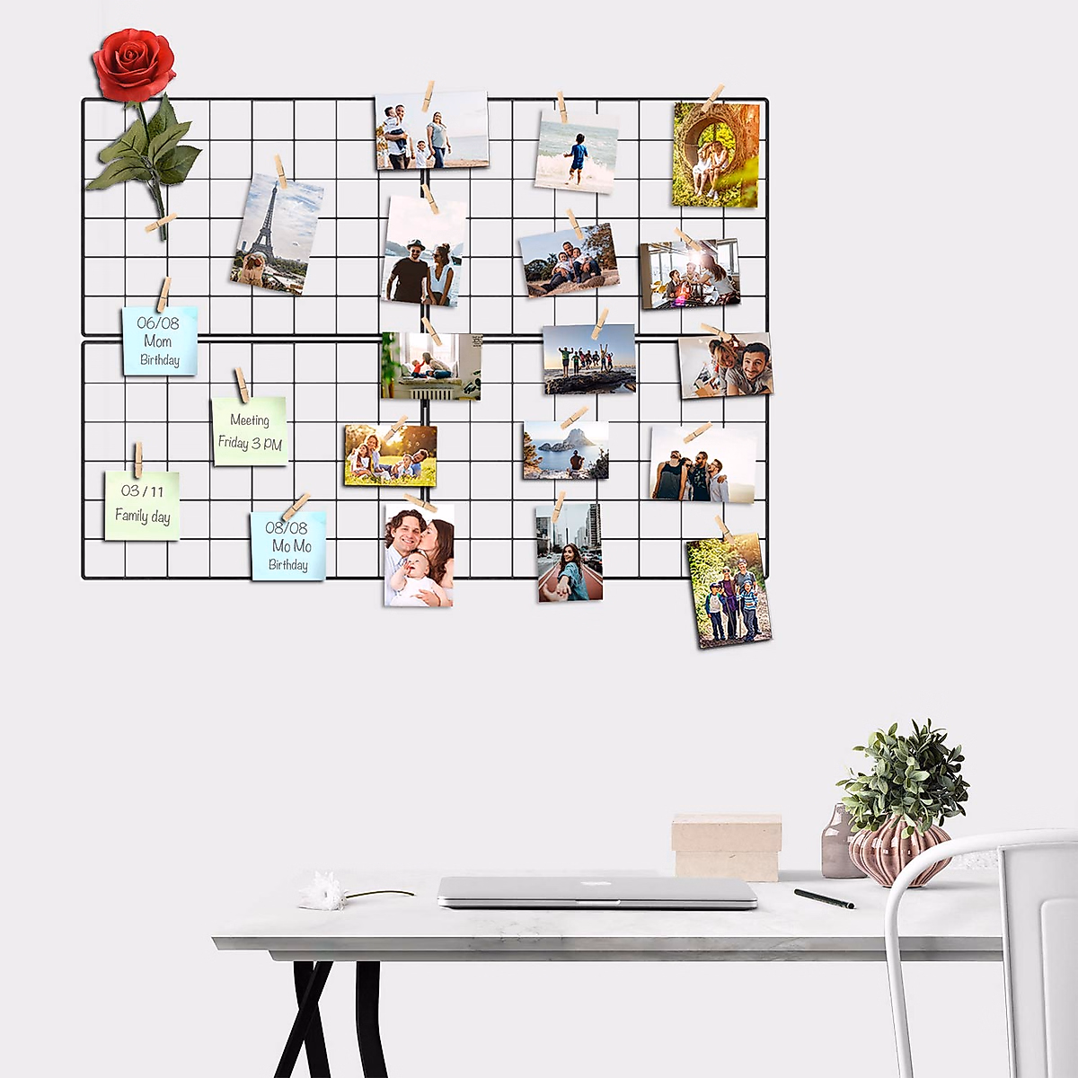 Kakivan Wire Wall Grid Panel for Photo Display, DIY Iron Picture Frames Collage For Hanging Wall Decor, Foldable Multi Pictures Organizer with 12 Clips, 28'' X 22'' Inch.(2 Pack)