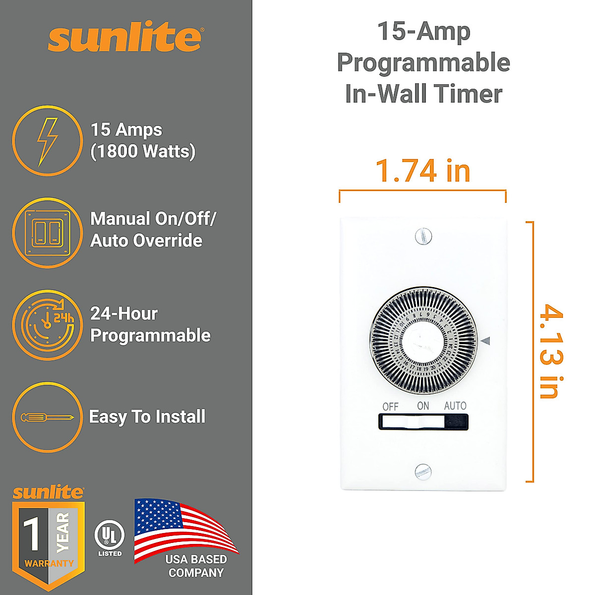 Sunlite 05014-SU 15-Amp Programmable in-Wall Timer, Heavy Duty, 20 Minute Intervals, Manual On/Off/Auto Override, UL Listed