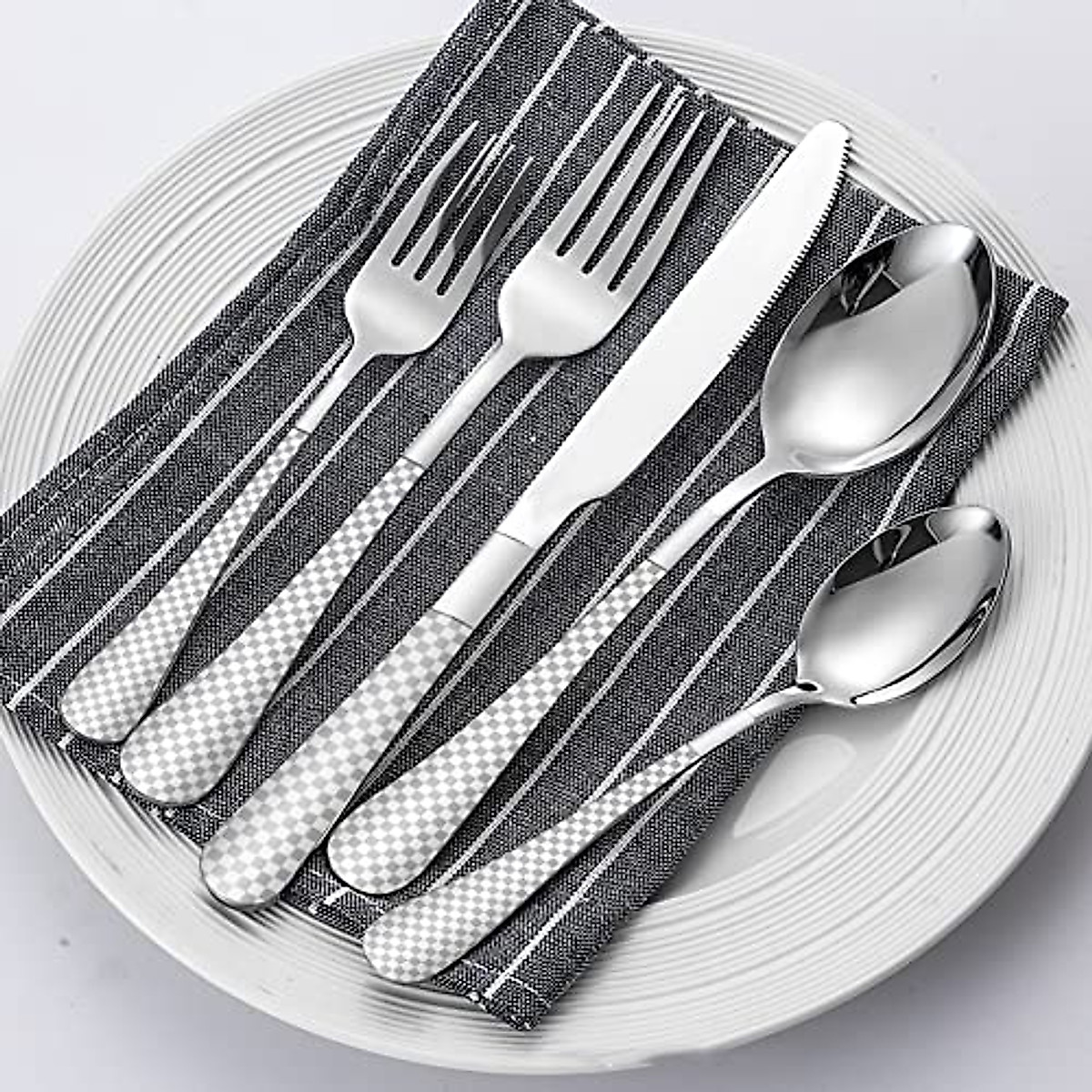 CREATIVE HOBBIES 20-Piece Silverware Set For 5,Checkered Pattern Mirror Finish Smooth Stainless Steel Fork Spoon Set Silverware Flatware Cutlery Set Include Knife/Fork/Spoon,D