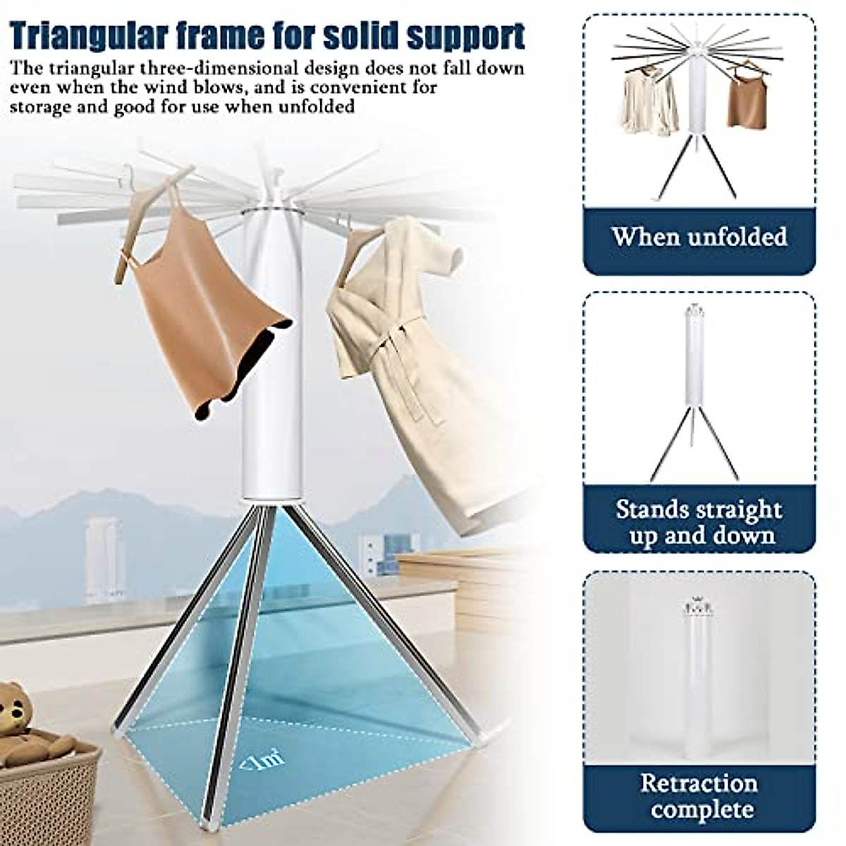ZIAERKOR Tripod Clothes Drying Rack Folding Indoor Portable, Laundry Drying Rack Clothing Collapsible no Assemble, Pasta Coat Rack Stand Foldable Outdoor 16 Drying Rod Capacity 50kg/110lb