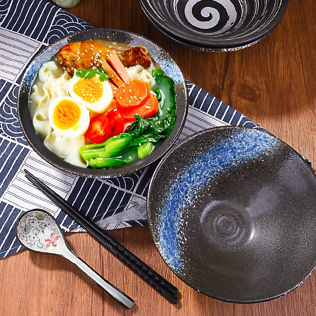 Japanese Ramen Bowls Set of 2, Ceramic Noodle Soup Cereal Bowls(BLC)