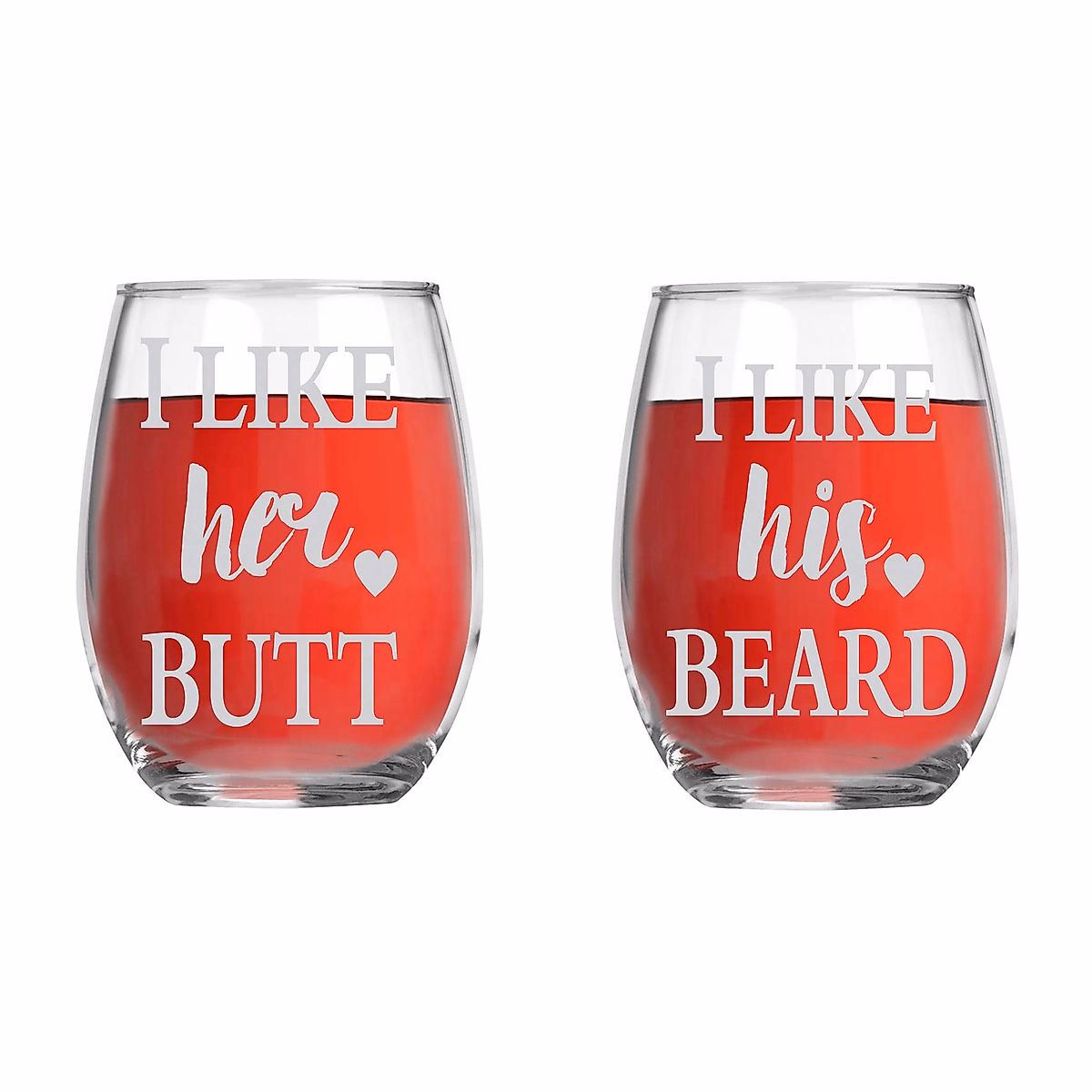 I Like His Beard, I Like Her Butt - 15oz Crystal Wine Glasses - Couples Stemless Wine Glasses – His And Hers Gifts Ideas For Anniversary, Weddings, Bridal Showers