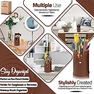 Desk Accessories for Women Office- Pen Holder Handmade with Genuine Leather for Desk Organization or Storage for Remote Controls | Eyeglasses | Sunglasses | Office Supplies | Sewing Supplies (Brown)