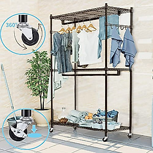 Himimi Heavy Duty Rolling Garment Rack 3 Tier Wire Shelving Clothes Rack for Clothing,Storage with Double Rods,Lockable Wheels and Side Hooks,Freestanding Metal Wardrobe Storage Rack,Black