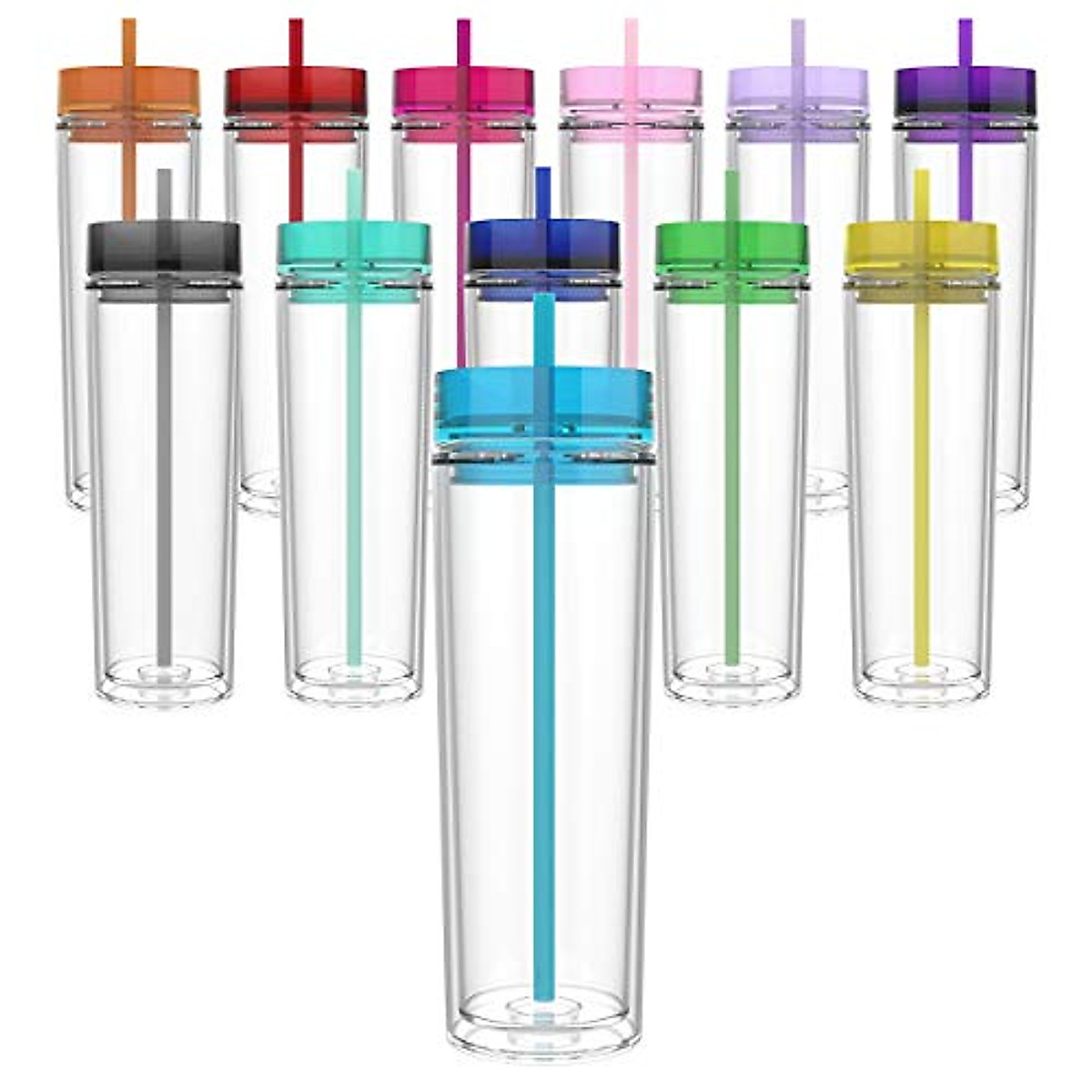 Maars Drinkware Double Wall Insulated Skinny Acrylic Tumblers with Straw and Lid, 16 oz. (12 pack, Assorted)