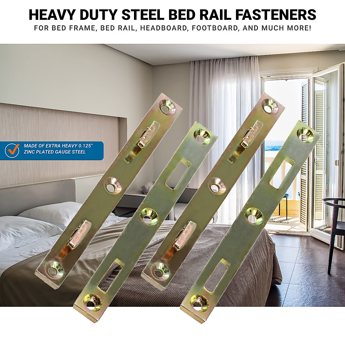 Set of 4 Pairs Rok Hardware 4" (102mm) Long Heavy Duty Steel Bed Rail Fasteners, Bed Rail Brackets, Zinc Plated, ROKBRF4