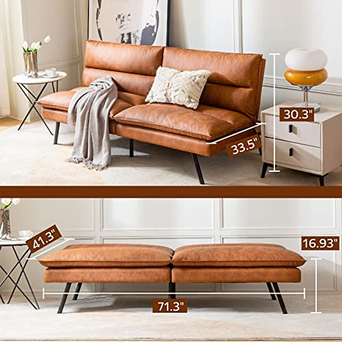 CH CHARME HOUSE Bed Convertible futon Couch with Adjustable Backrest and Armrest Modern Sleeper Sofa for Office Living Bedroom and Sitting Room, Small, Brown