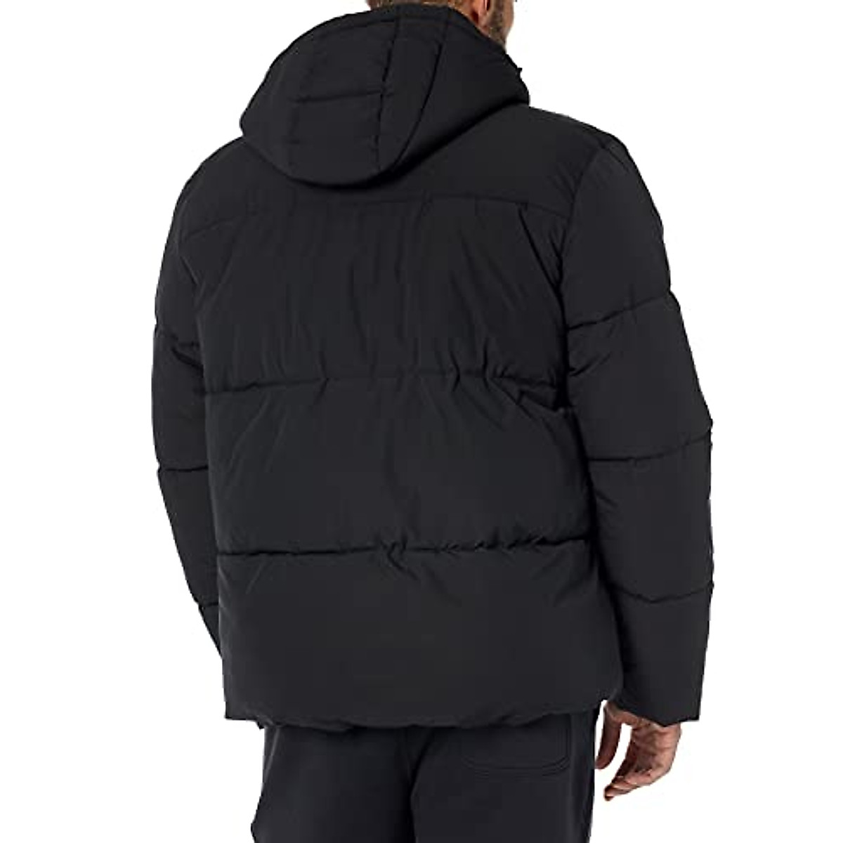 Amazon Essentials Men's Recycled Polyester Mid-Length Hooded Puffer (Available in Big & Tall), Black, Large