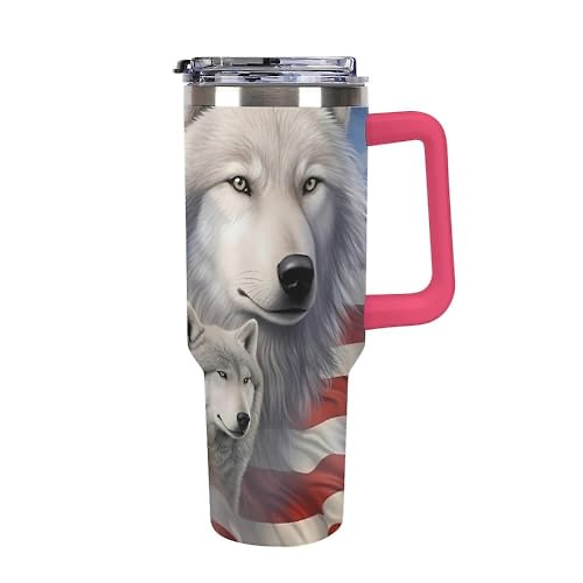 Patriotic Wolves 40 Oz Stainless Steel Cup Travel Tumbler with Handle and Straw Lightweight Coffee Mug for Home Office