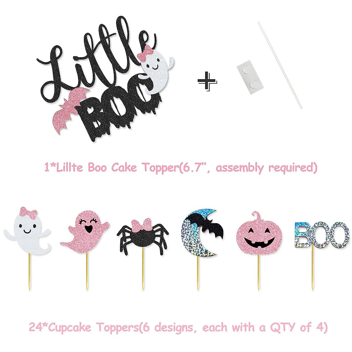 92 Pcs Little Boo Party kit Little Boo Banner Cake Topper Boo Skeleton Bat Mylar Balloons for Pink Black Girl Halloween Baby Shower the Spooky One Halloween 1st Birthday Party Decorations