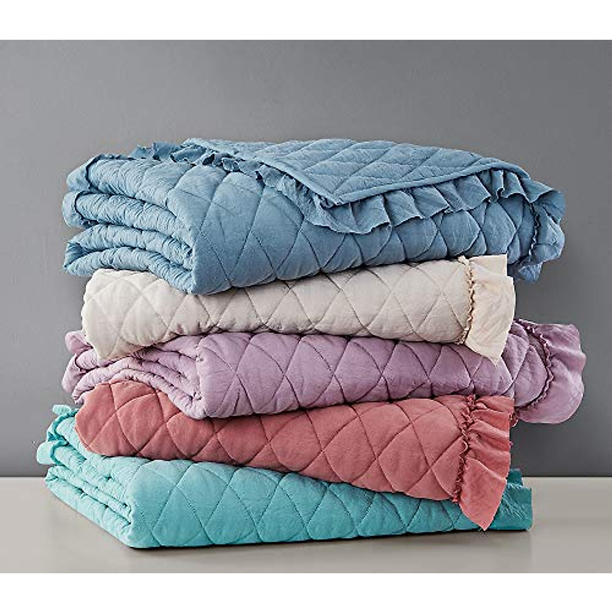 BOURINA Quilted Throw Blanket with Ruffles Pre-Washed Microfiber Ultra Soft Cozy Lightweight for Couch Bed Sofa Throw Blankets,Blue,60"x80"