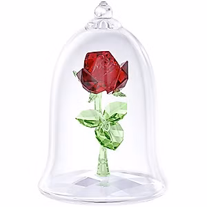 SWAROVSKI Beauty and the Beast Enchanted Rose, Red and Green Swarovski Crystal with Clear Base and Mouth-Blown Glass Bell Jar, Part of the Swarovski Beauty and the Beast Collection