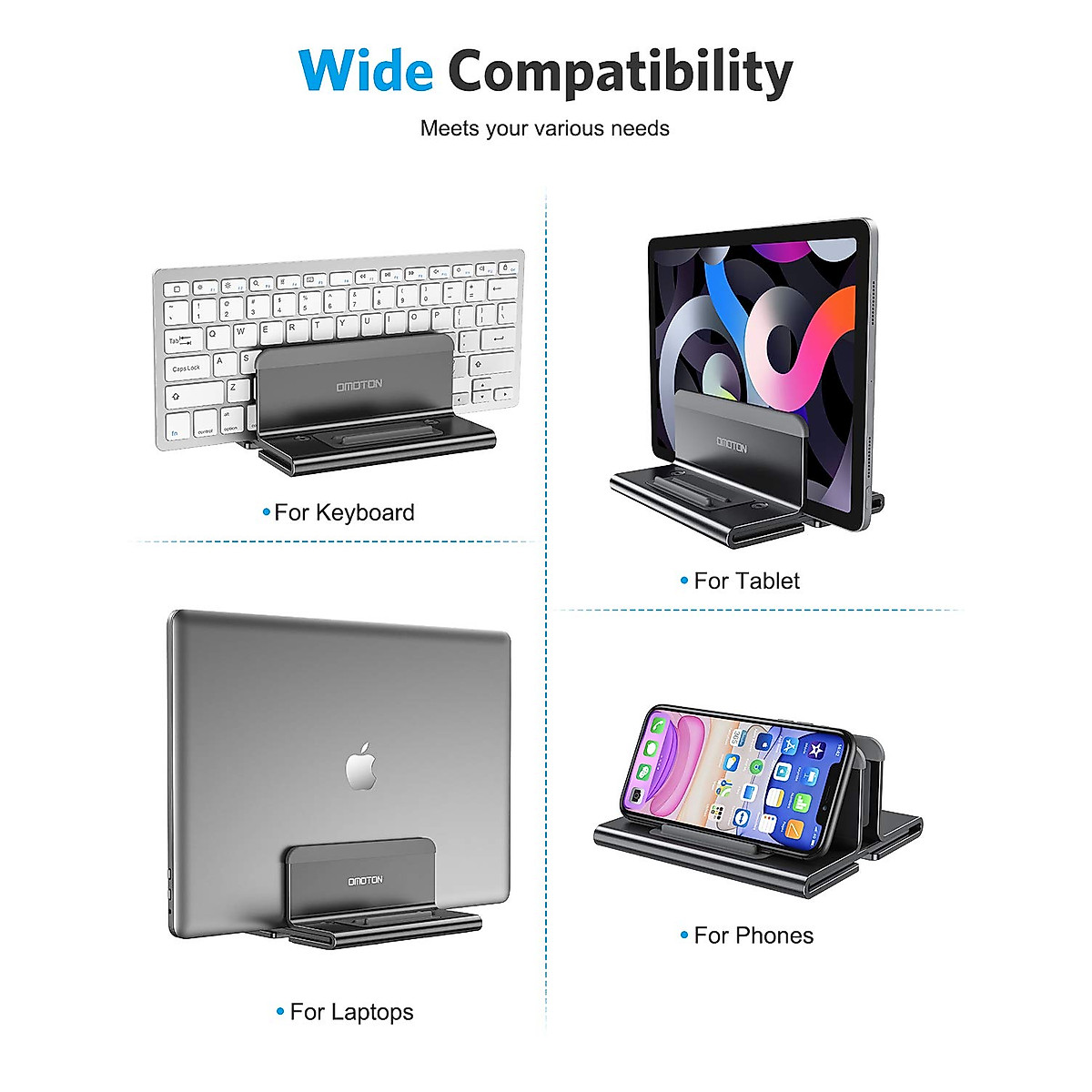 OMOTON Upgraded Laptop Vertical Stand, 3-in-1 Laptop Holder Dock with Sturdy Silicone Pads for Ultra Protection, Suitable for iPhone/iPad/MackBook Pro/Surface/Samsung/Android Tablets, Black