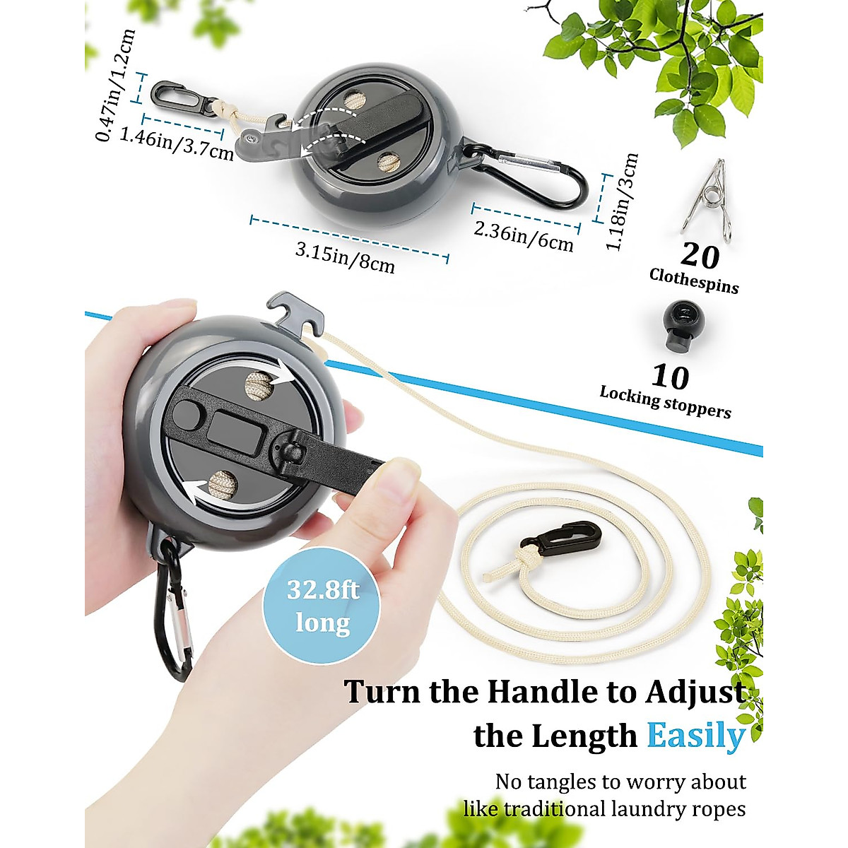 Portable Travel Clothesline, 32.8ft Retractable Clothesline, Camping Clothes Line with 20 Clothespins & 10 Stoppers, Clothes Lines for Hanging Clothes Outside, Indoor or Outdoor (Grey-Black)