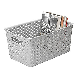 YBM Home Medium Plastic Rattan Storage Box Basket Organizer, Large - Gray - 1 Pack