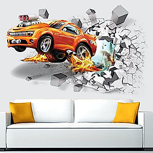 3D Fire Car Wall Sticker Decal, Crack Hole Fire Car Wall Art Decal, Removable Broken Smashed Car Decoration Mural for Boys Bedroom Baby Kids Nursery Room