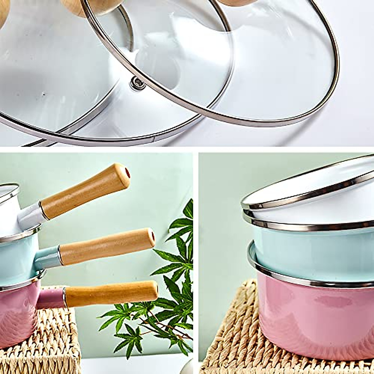 Saucepan, Enamel Sauce Pan Small Pot with Lid, Wooden Handle, 1.8 Quart (Blue)