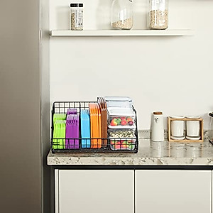 Multifunction Food Container Lid Organizer Basket,Adjustable 3 Dividers Container Organizer Lid Organizer,Lid Organizer for Plastic Lids Compatible with Lid and Containers for Cabinets,Pantry,Black