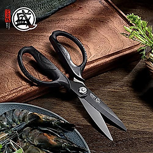 MITSUMOTO SAKARI Japanese Kitchen Scissors All Purpose, Black Titanium Plated Heavy Duty Kitchen Scissors, Multipurpose Cooking and Herb Scissors, Micro Serrated