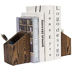 MyGift Rustic Brown Solid Wood Decorative Bookends, Office Desk Book Stand with Stationery Holder and Pencil Cup, 1-Pair