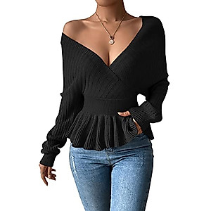 SweatyRocks Women's Deep V Neck Rib Knit Wrap Top Long Sleeve Ruffle Hem Peplum Sweater Black M