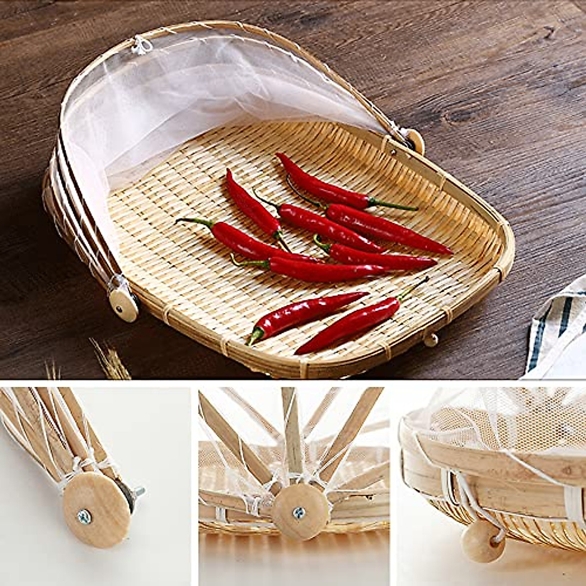 Food Bamboo Food Serving Tent Basket Hand-Woven Basket Serving Dustproof Picnic Basket Vegetable Fruits Bread Food Home Square Food Storage Basket with Mesh Gauze Cover Container