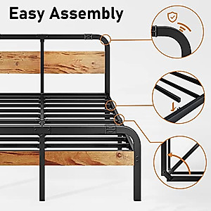 Breezehome California King Bed Frame with Rustic Wood Headboard and Footboard, 14 Inch Heavy Duty 3500lbs Steel Slat Support for Mattress, Noise-Free Platform, No Box Spring Needed