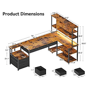 AODK 79 inch L Shaped Desk with File Drawers, Reversible L Shaped Gaming Desk with Power Outlets & LED Lights, Computer Desk with Storage Shelves for Home Office, Vintage