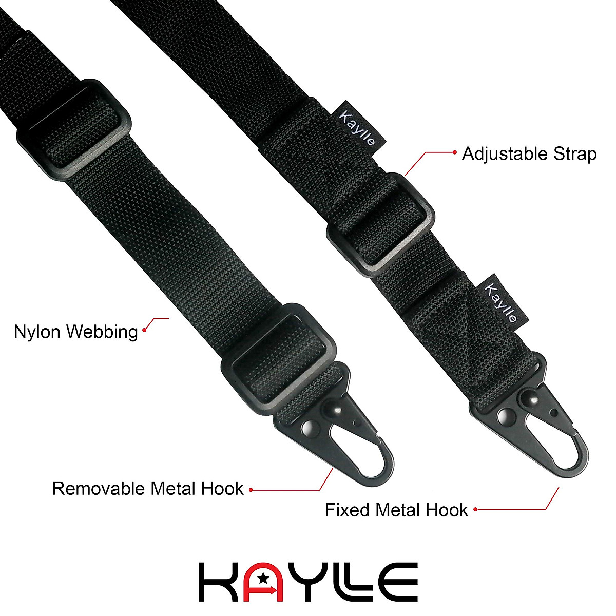 KAYLLE 2-Point Rifle Sling Mount - Premium Shotgun Sling with Upgraded Metal Hook Fits Any Weapon - Durable & Quick Length Adjust - Multi Use for Hunting, Sniper, Shooting (Black)