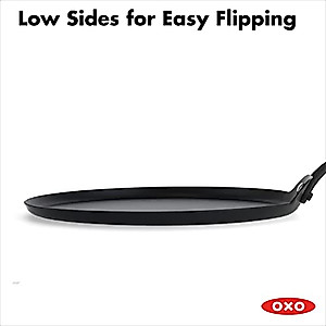 OXO Obsidian Pre-Seasoned Carbon Steel, 10" Crepe and Pancake Griddle Pan with Removable Silicone Handle Holder, Induction, Oven Safe, Black