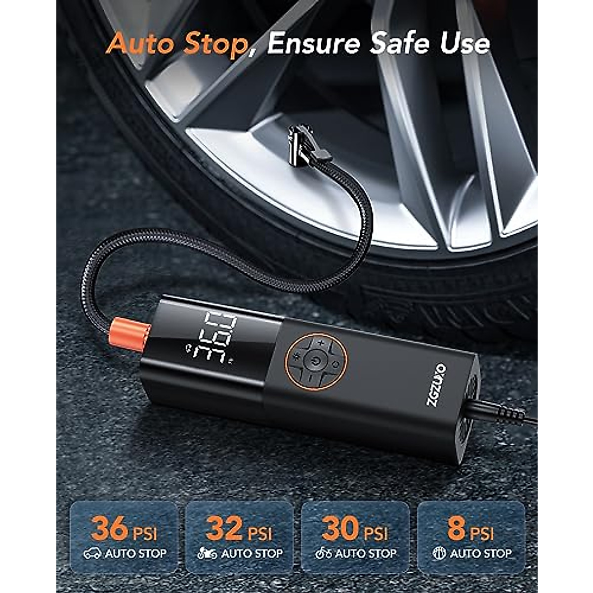 ZGZUXO Tire Inflator Portable Air Compressor,DC 12V Small Pump for Car Tires,150PSI Electric with Digital Pressure Gauge,LED Light Motorcycle Bike Ball,Bike Pump,Black-orange (CZK-3640)