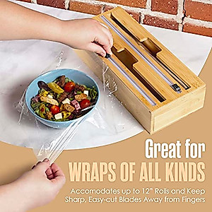 Plastic Wrap Dispenser with Cutter, Aluminum Foil Organizer, Two in One Roll Holder, 13.5"x5.75"x3", Wooden, Bamboo, Reusable, Saran Wrapper Dock, Wax Paper Dispensers for Kitchen Drawer | Houseables