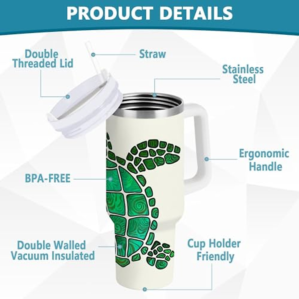 ODAWA 40 Oz Green Sea Turtle Insulated Tumbler Cup with Lid and Straw, 2 in 1 Lid Insulated Vacuum Tumbler