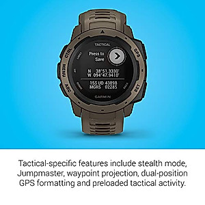 Garmin 010-02064-71 Instinct Tactical, Rugged GPS Watch, Tactical Specific Features, Constructed to U.S. Military Standard 810G for Thermal, Shock and Water Resistance, Tan