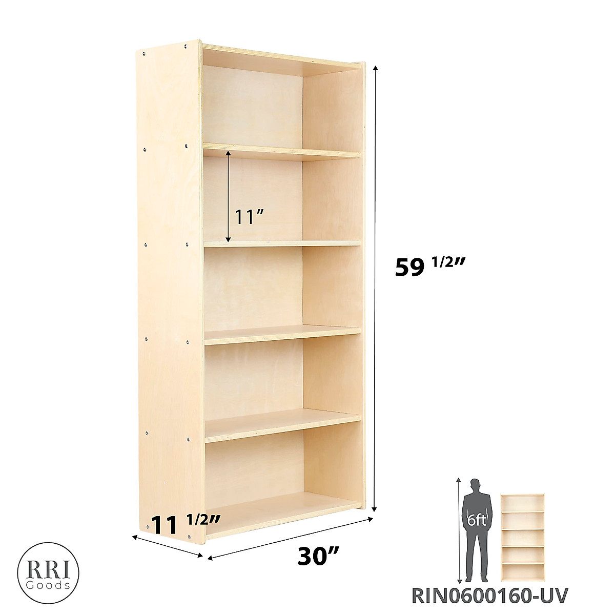 RRI Goods Classic Birch Book Shelf, Wooden Wall Organizer for Books, Toys, Office, and Kids Supplies, Natural (5 Tier - 60")