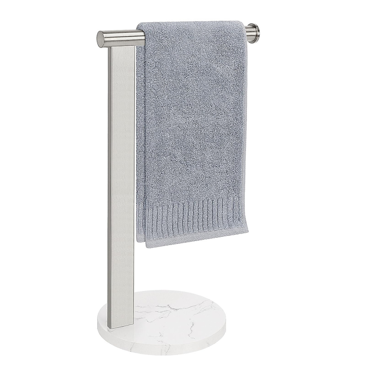 Siyzda Hand Towel Holder Stand for Bathroom, L- Shaped Standing Hand Towel Rack, Towel Bar Kitchen Vanity Countertop Organizer, SUS304 Stainless Steel Material (Marble Base, Brushed Nickel)
