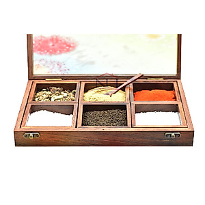 Mahak Nisar Timber '‘Six Blends' Wooden Spice Boxes 06 Containers Box with Spoon in Sheesham Wood Spice jar for Kitchen Multipurpose Decorative Boxes Spice Box