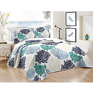 3 Piece Blue Teal Coral Coastal Quilt Sets King Size Nautical Beach Bedding Lightweight Reversible Microfiber Coverlet with 2 Shams Ocean Themed Bedspread Comforter Set for All Season, 96" x 106"