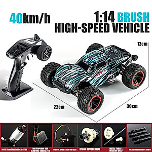 Double Delight Remote Control Car, 1:14 Scale RC Truck 38+ KM/H Speed, 2.4G All-Terrain Off-Road Truck Toy Gifts for Boys and Adults with 2 Rechargeable Batteries Provide 40+ Min Playtime (Blue)