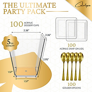 Mini Dessert Cups with Lids and Spoons (100 PACK) (Gold Spoons) - 5 oz Plastic Parfait Cups with Lids Reusable - Plastic Dessert Cups with Lids - Appetizer Cups - Clear Dessert Cups BPA Free Plastic