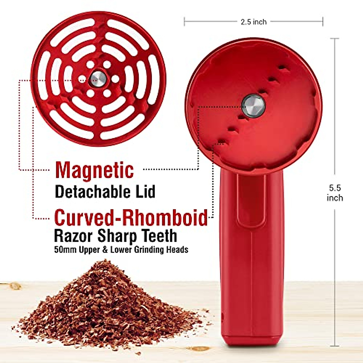 Auto9 2.5" Large Electric Grinder: Auto Spice Grinder with Auto Dispensing, Portable 4g Capacity with Two-Direction Rocker Switch Block Free(Black & Red)