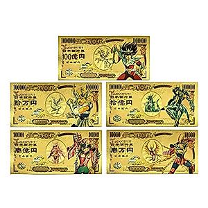 YJacuing Anime Saint Seiya Gold Coated Banknote, Limited Edition Collectible Bill Bookmark (5 PCS Collection)