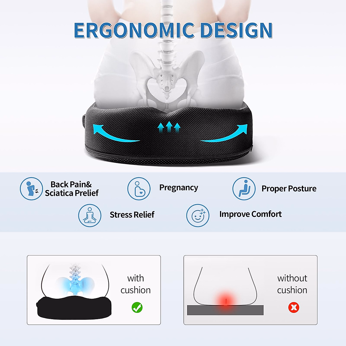 Aulase Large Seat Cushion for Office Chair, Inner Springs and Thick Soft Memory Foam for Super Support & Comfort, Pressure Relief for Long Sitting, Chair Pad for Hip, Coccyx, Sciatica Pain Relief