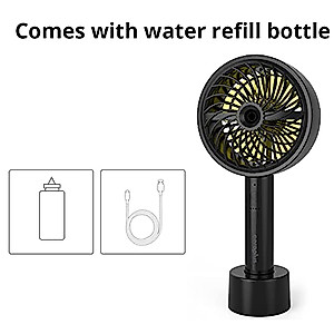 Aeroplus Mini Fan 5" Handheld Personal 3 Speed Rechargeable Battery Operated with Misting Option weatherproof includes dock & cable (Black) desk fan for home kitchen office travel camping