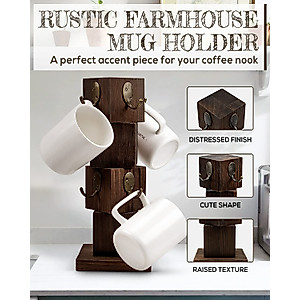 PUERSI Coffee Mug Holder for Counter, Rustic Solid Wood Mug Tree, Farmhouse Wooden Coffee Cup Rack, Distressed Mug Stand with 8 Hooks (Rustic Brown)